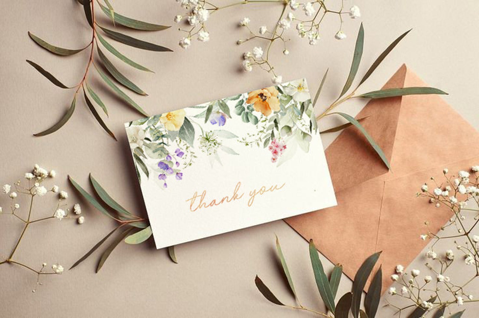 Printable Thank You Card, Spring Flowers Watercolor Card, Print at Home ...