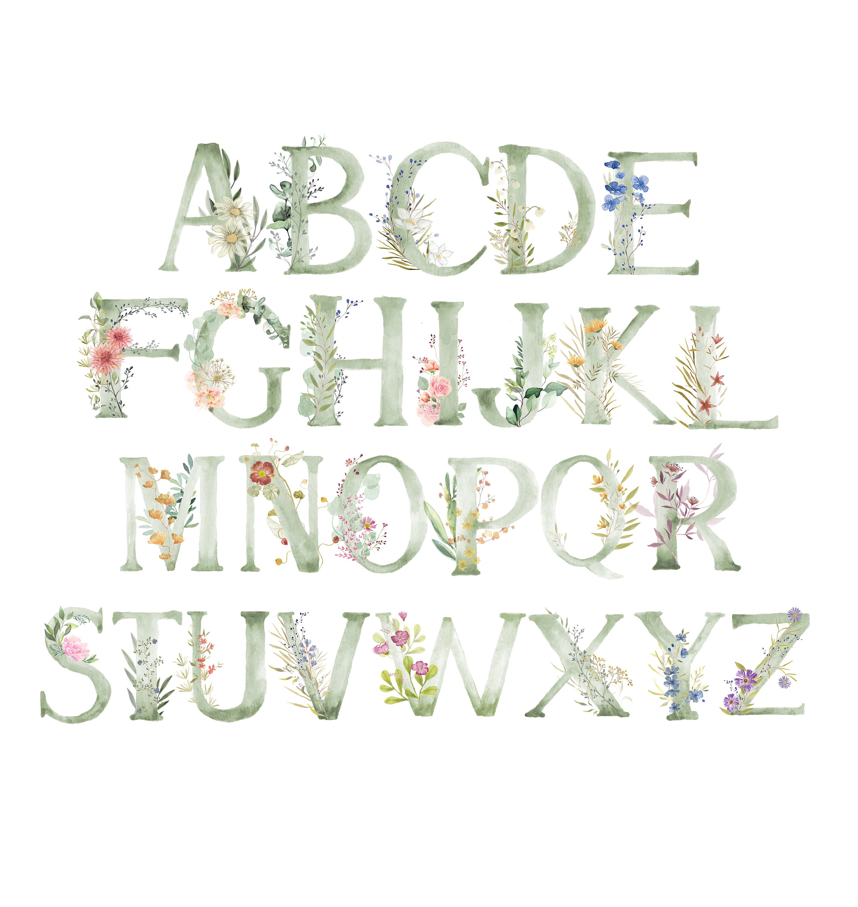 Floral Initial Watercolor Printable Wall Art, Floral Letter Monogram ...