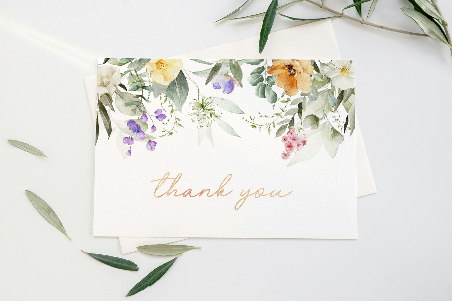 Printable Thank You Card, Spring Flowers Watercolor Card, Print at Home ...
