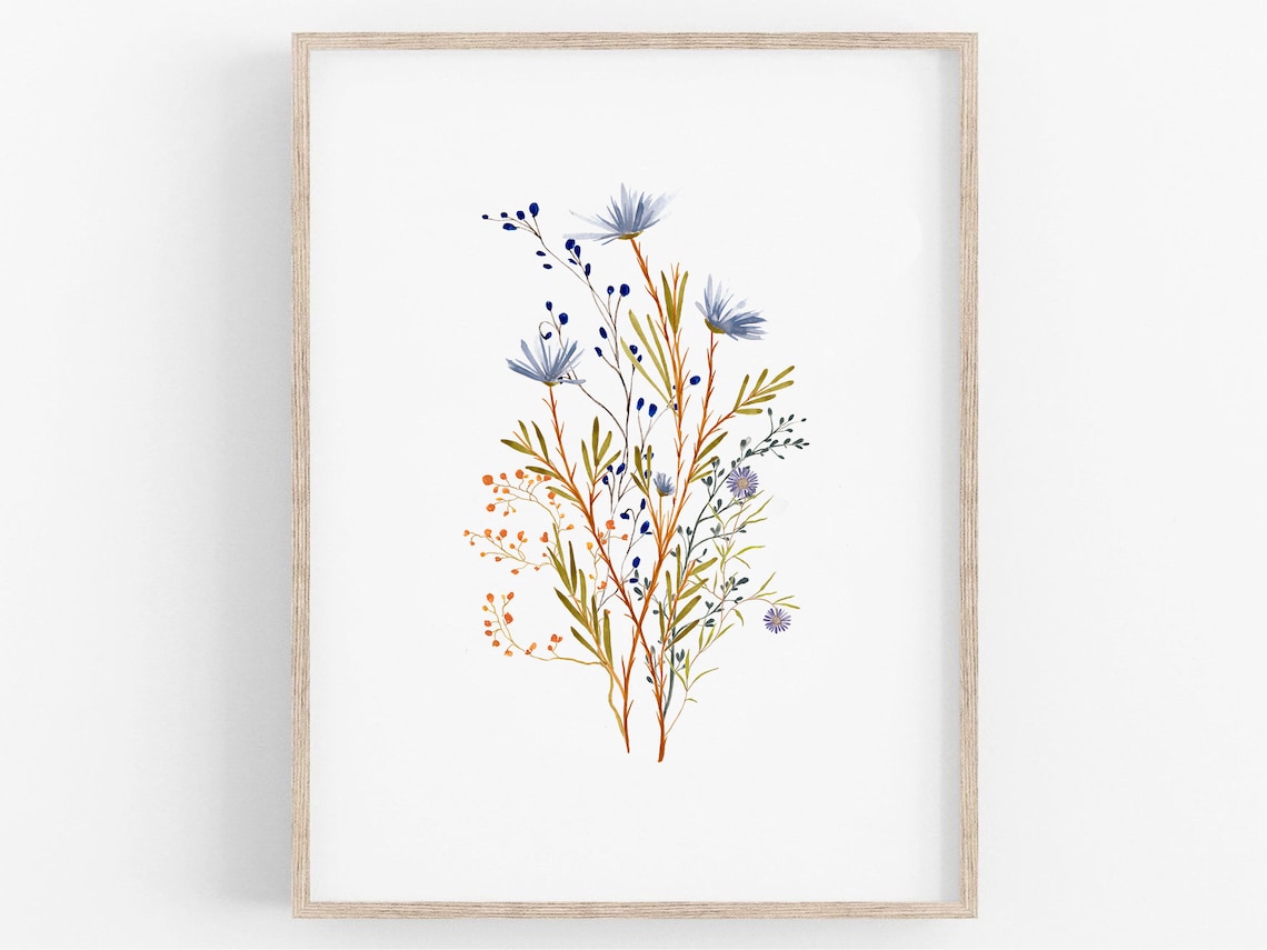Blue Wildflower Print, Botany Wall Art, Printable Decor, Watercolor ...