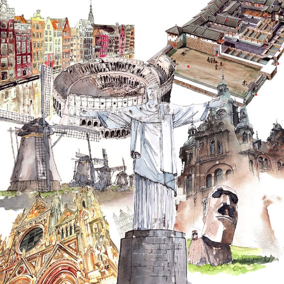 100 Hand Drawn Architectures Famous Monuments Digital - Etsy
