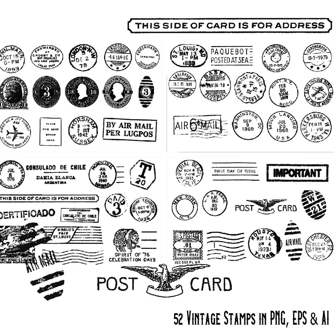 52 Vintage Stamps | PNG | EPS | AI | Retro | Art Journal | Materials ...