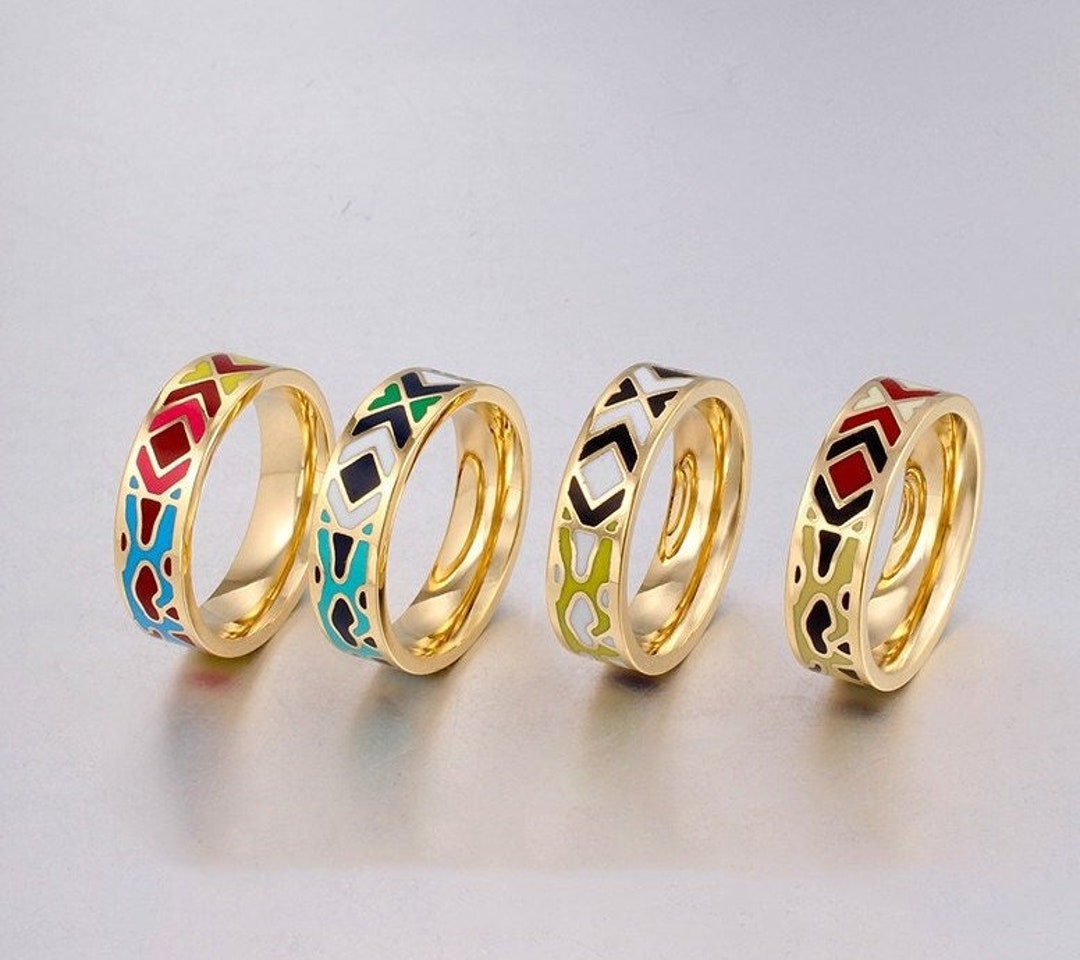 Gold Enamel Ring Enamel Stacking Rings Funky Enamel Ring - Etsy