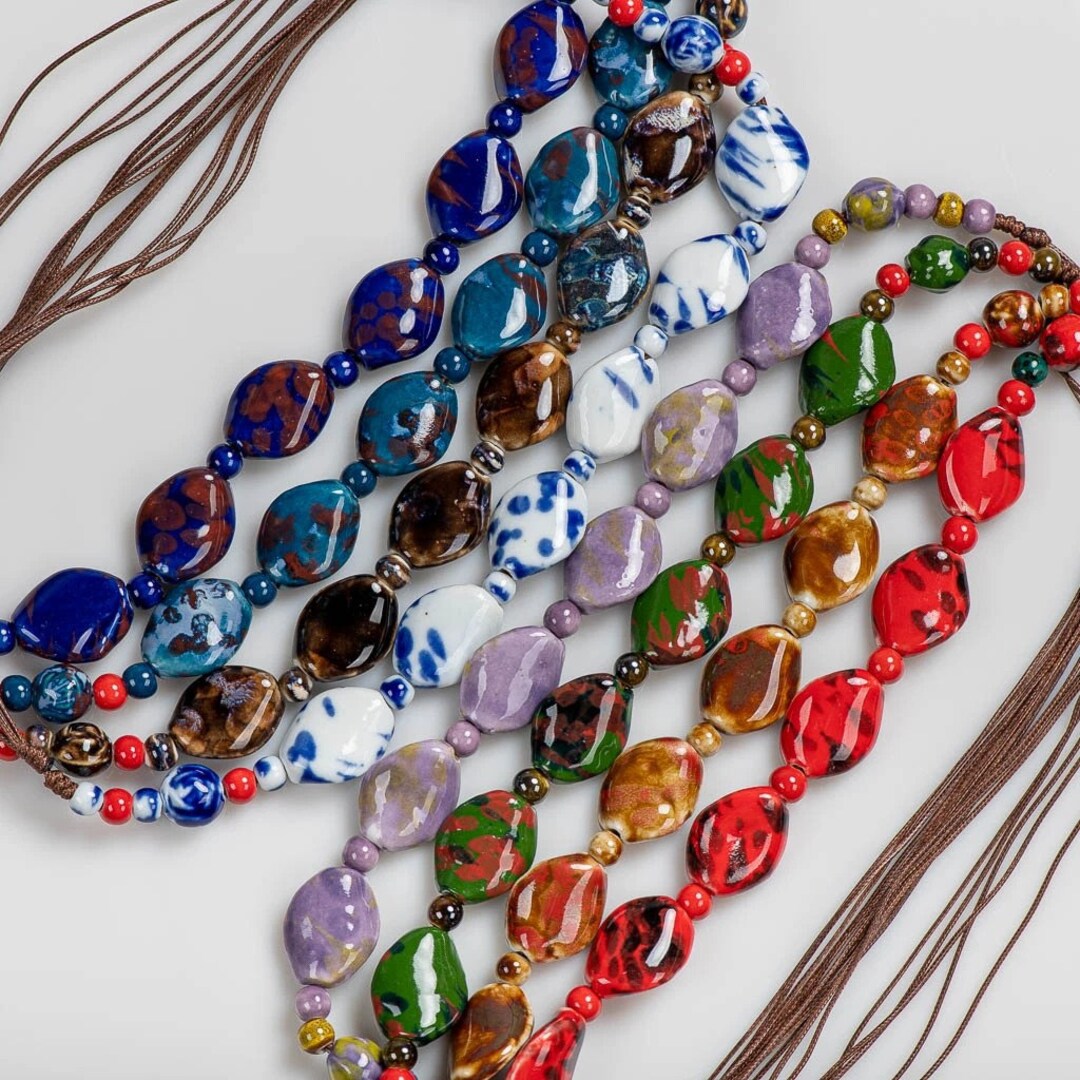 Ceramic Bead Necklace, Porcelain Bead Necklace, Colorful Ceramic ...