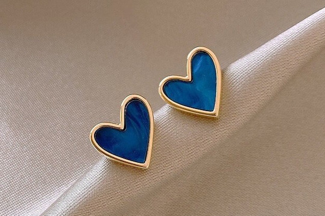 Ocean Blue Heart Stud Earrings Handmade Heart Earrings Gold - Etsy
