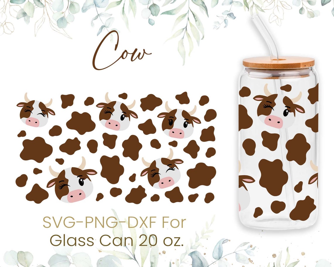20oz Cow Head Libbey Glass Can Svg Cow Print Glass Can Wrap - Etsy