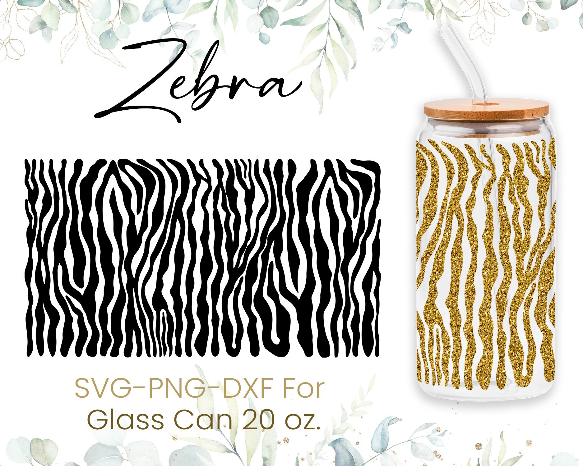 20oz Zebra Pattern Libbey Glass Can Svg Glass Can Full Wrap | Etsy