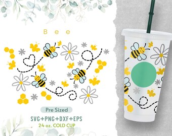 24oz Bee Cold Cup Svg, Coffee Cold Cup Svg, Venti Cold Cup Svg, Bees ...