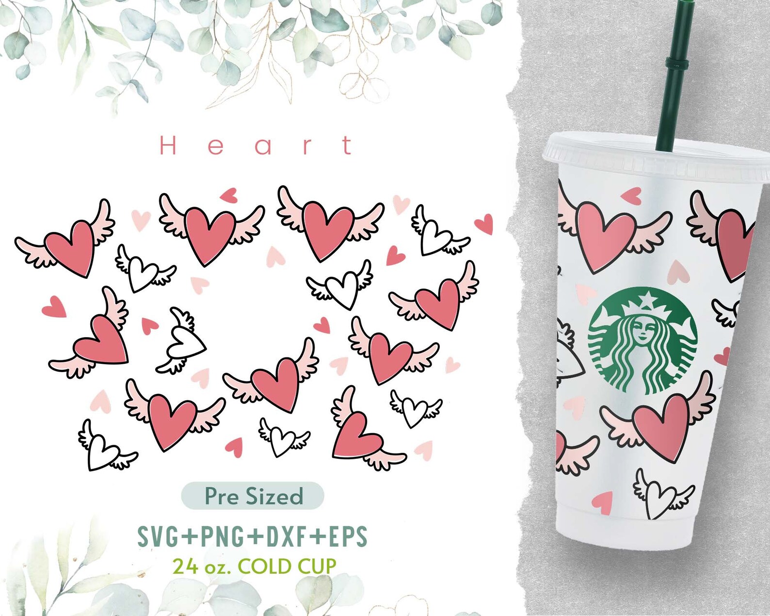 24oz Wing Heart Cold Cup Svg Venti Full Wrap Svg Hearts Svg - Etsy