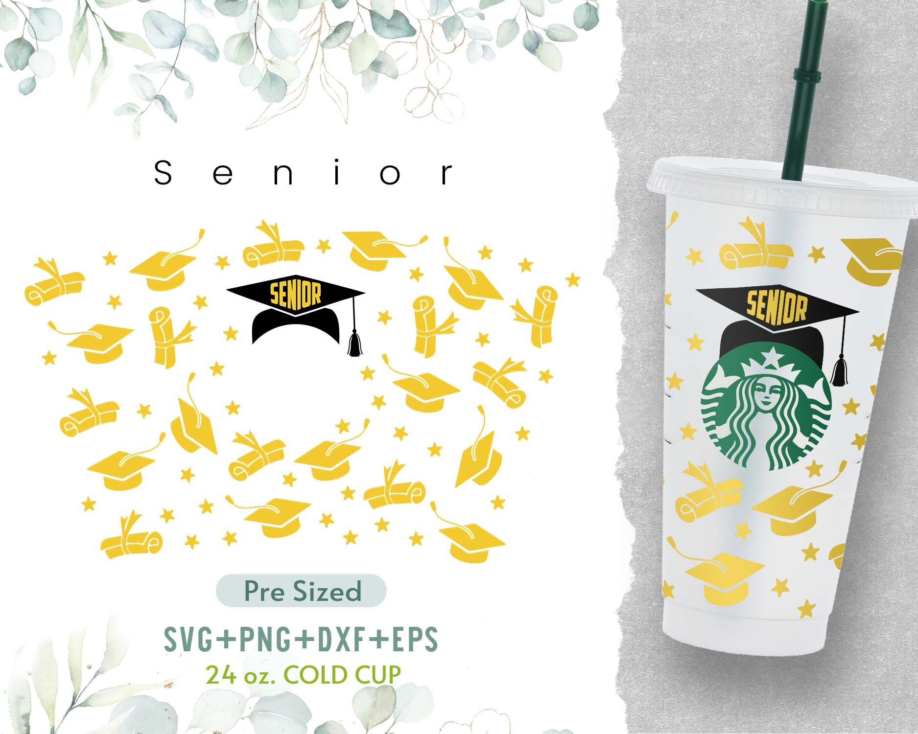 24oz Graduation Cap Cold Cup Svg Venti Full Wrap Svg Senior - Etsy