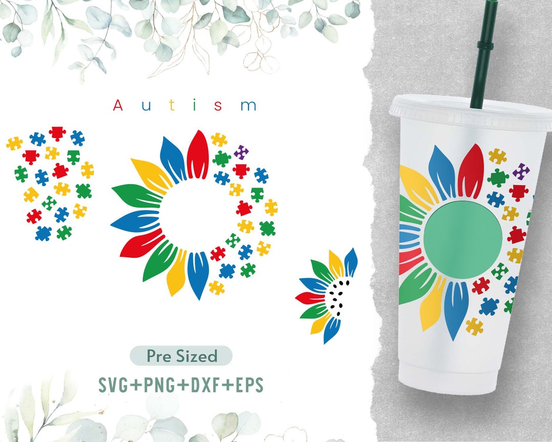 24oz Autism Cold Cup Svg, Sunflower Svg, Autism Svg, Venti Full Wrap ...