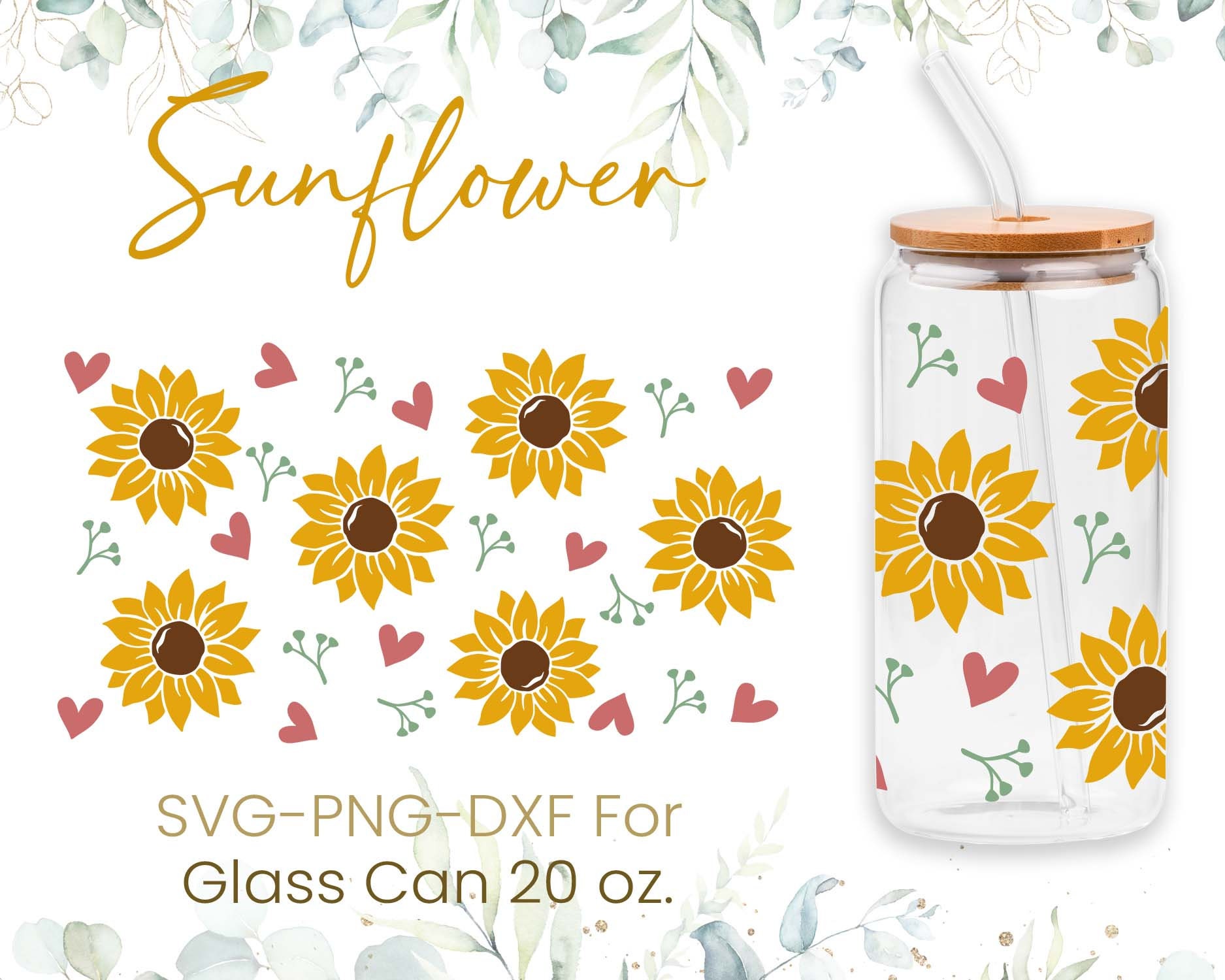 20oz Sunflower Libbey Glass Can Svg, Glass Can Full Wrap Svg, Beer Can ...