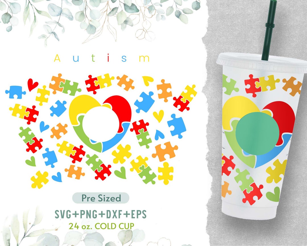 24oz Autism Puzzle Coffee Cold Cup Svg, Jigsaw Svg, Autism Svg, Heart ...