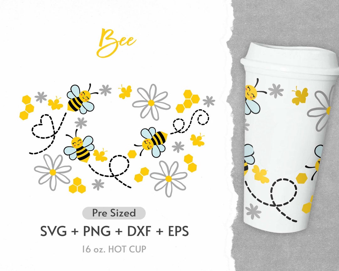 16oz Bee Hot Cup Svg, Hot Cup Svg, Honeycomb Svg, Full Wrap Bees Flower ...