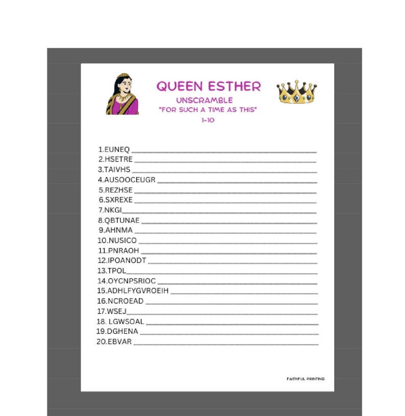 Queen Esther Sunday School Lessons Unscramble for Kids - Etsy