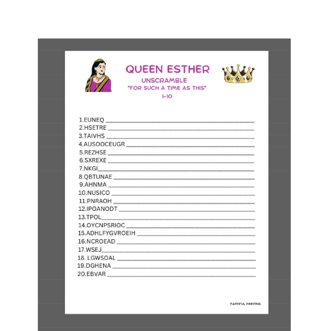 Queen Esther Sunday School Lessons Unscramble for Kids - Etsy