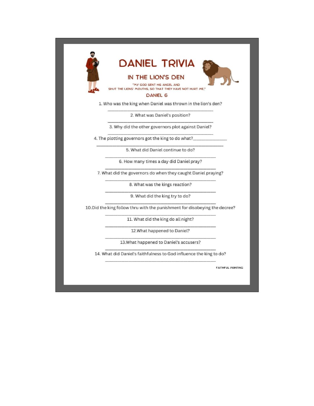 Daniel in the Lion's Den Sunday School Lesson - Etsy