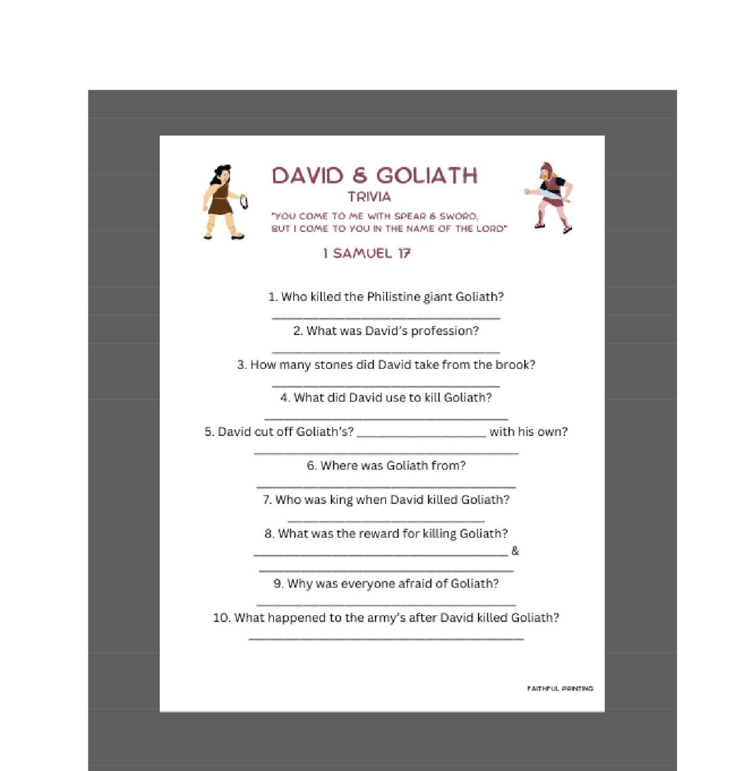 David & Goliath Sunday School Lesson Trivia Questions for - Etsy