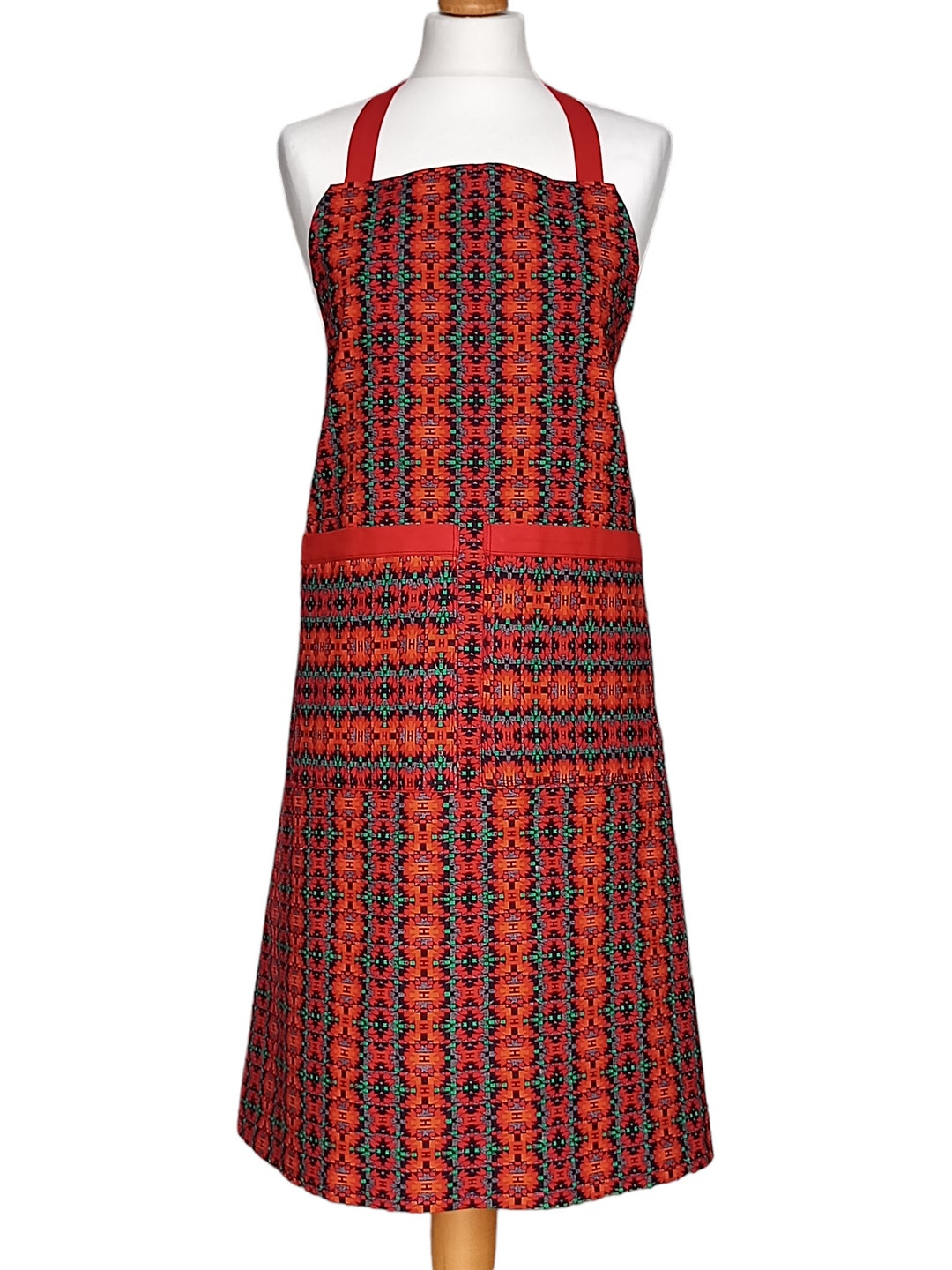 Reversible Mosaic Print and Plain Deep Red Full/bib Kitchen Apron With ...