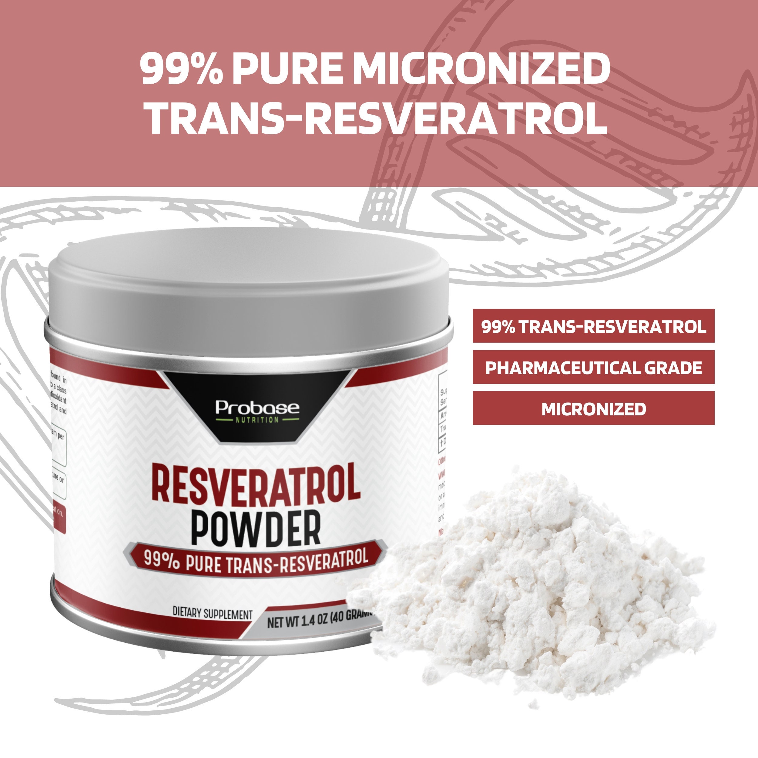 Probase Nutrition 99% Micronized Trans-resveratrol Powder 1000mg | Pure ...
