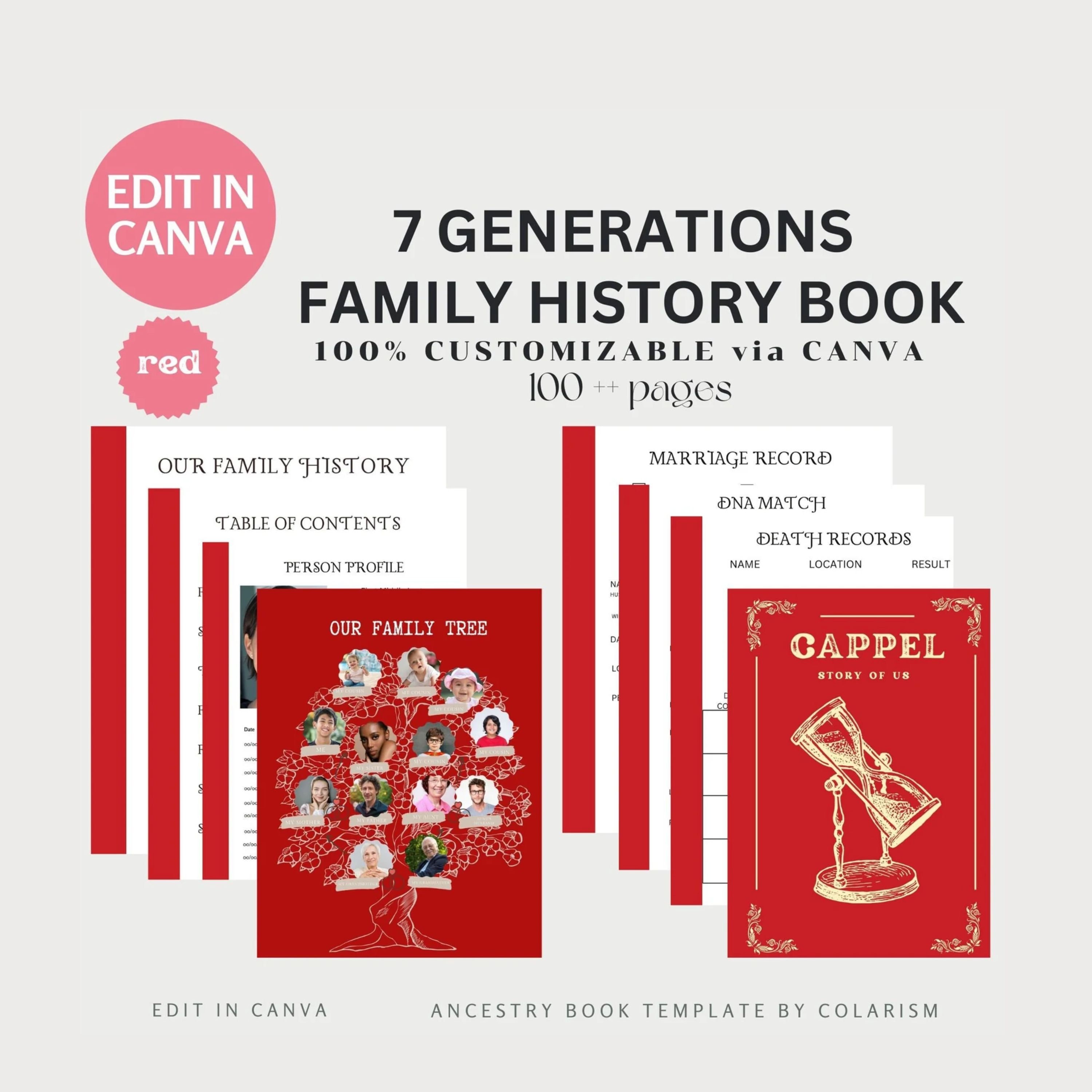 7 Generation Editable Family Tree Book History Book Research Ancestry ...