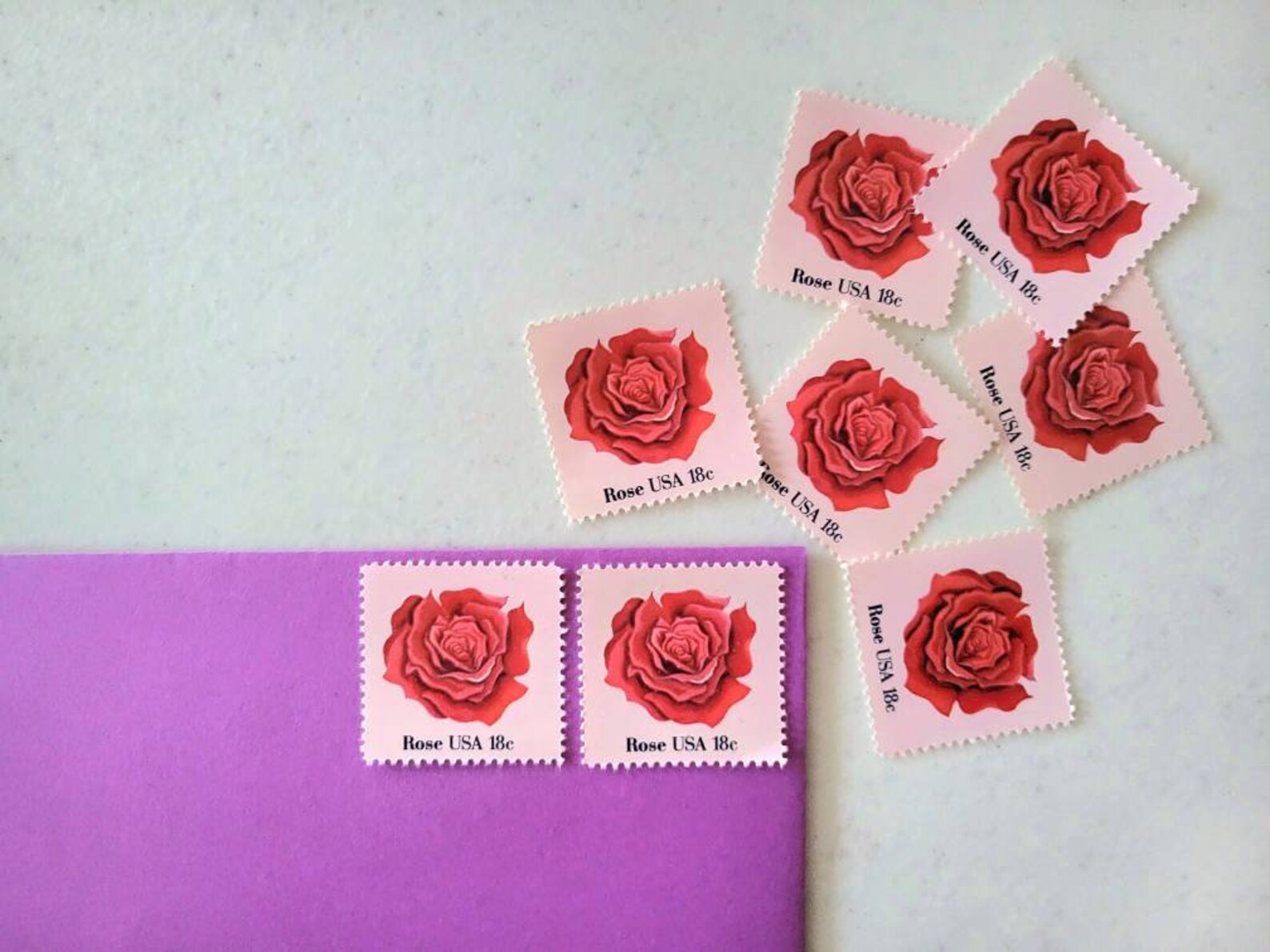 Vintage Postage 5x Rose 18c 1981 Red & Pink Square Stamp Romantic ...