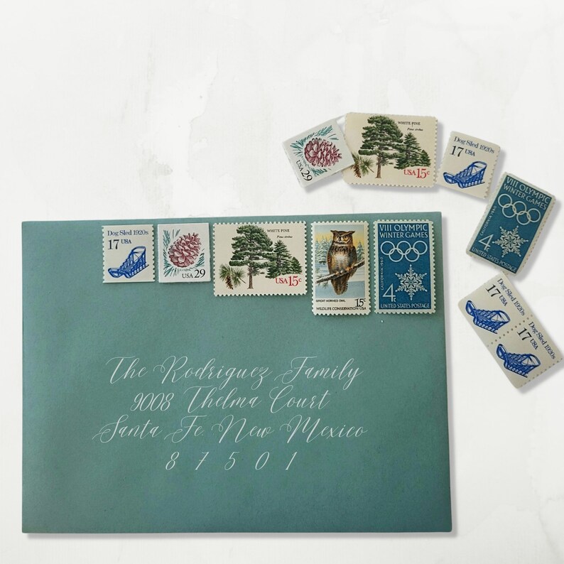 Curated Vintage Stamp Set Winter Greetings Blue, White, Green Unused ...