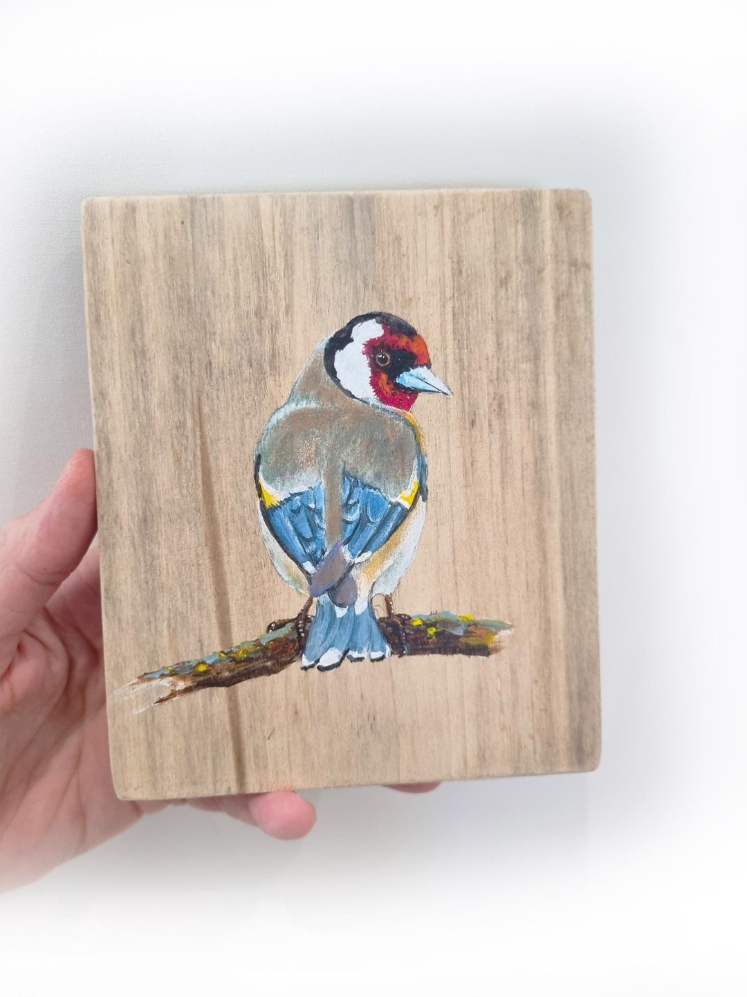 Goldfinch Looking Back Bird Hand-painted Artist Acrylic Wood Upcycling ...