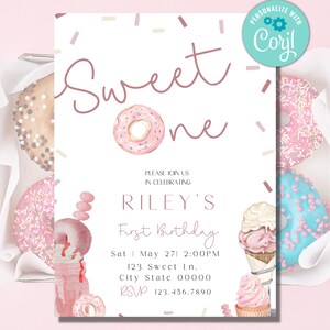 EDITABLE Sweet ONE Birthday Invite, Girls 1st Birthday Invitation ...