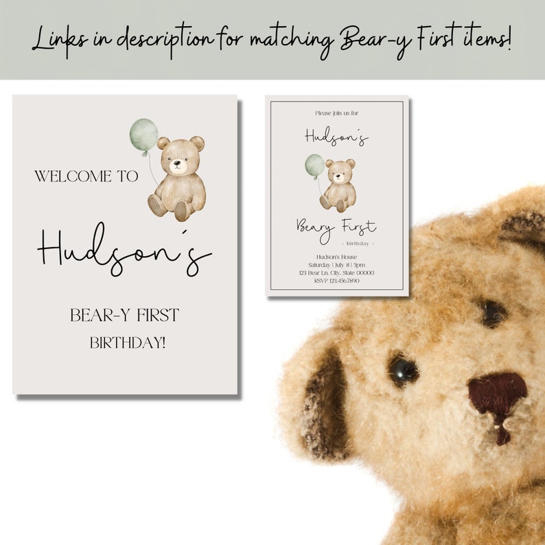 EDITABLE Beary First Birthday Welcome Sign, Bear Birthday, Beary First ...