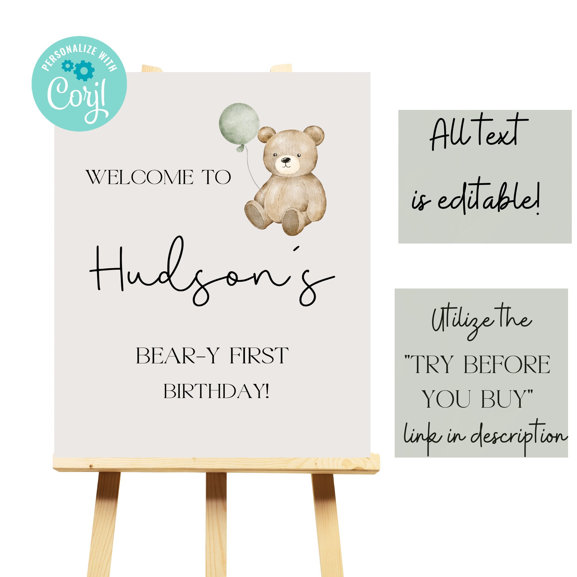 Editable Beary First Birthday Welcome Sign (digital Download) - Etsy