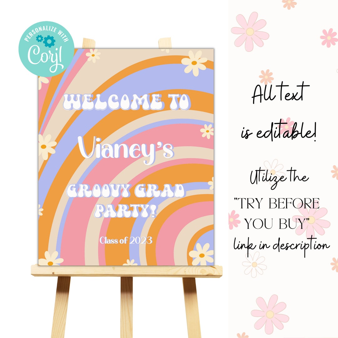 Groovy Grad Party Welcome Sign: Retro Hippie Theme (editable Corjl ...