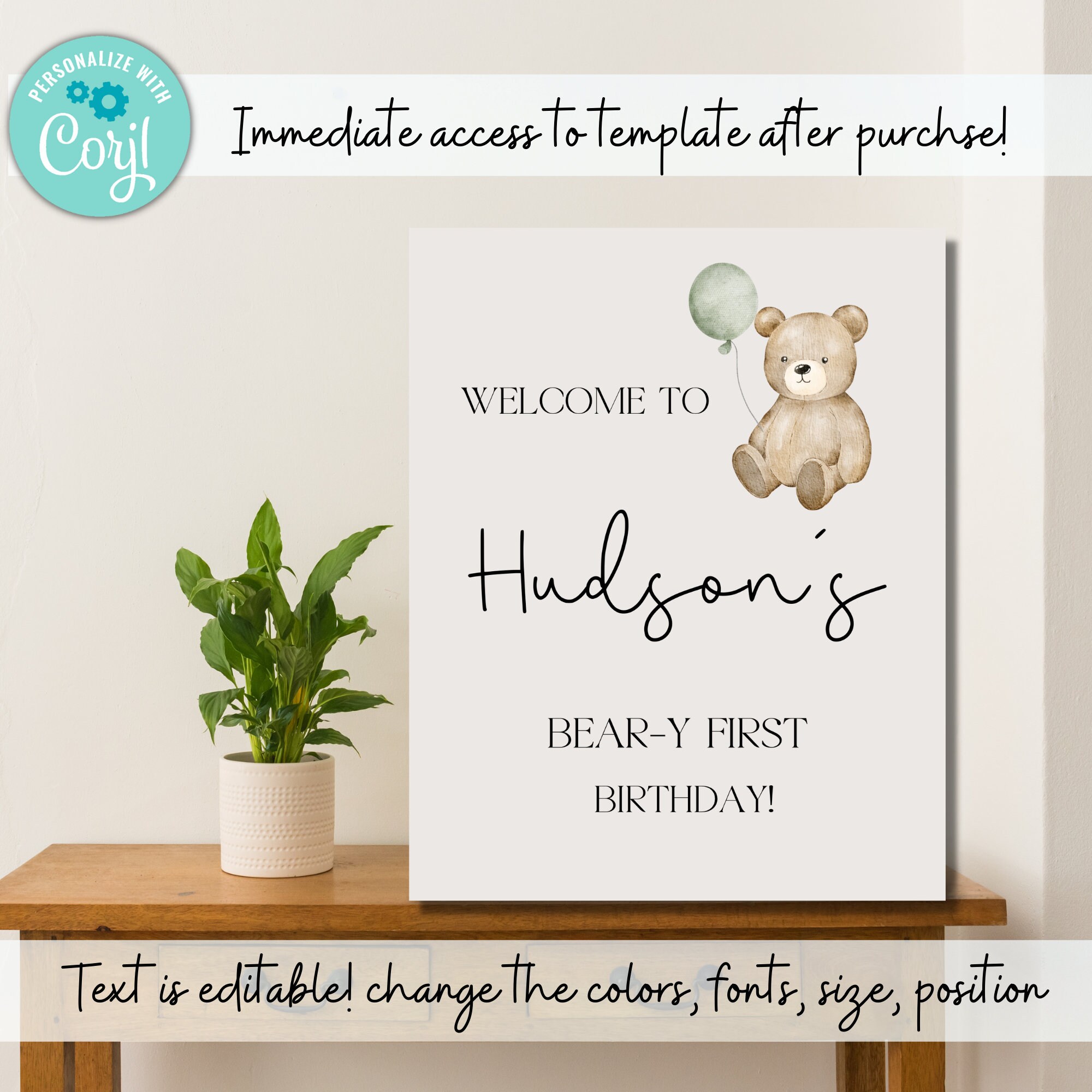 EDITABLE Beary First Birthday Welcome Sign, Bear Birthday, Beary First ...