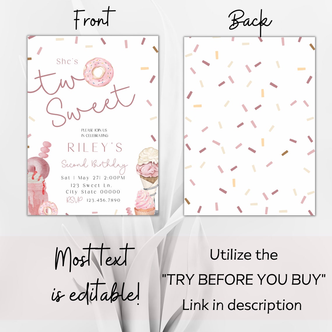 EDITABLE TWO Sweet Birthday Invite, Girls 2nd Birthday Invitation ...