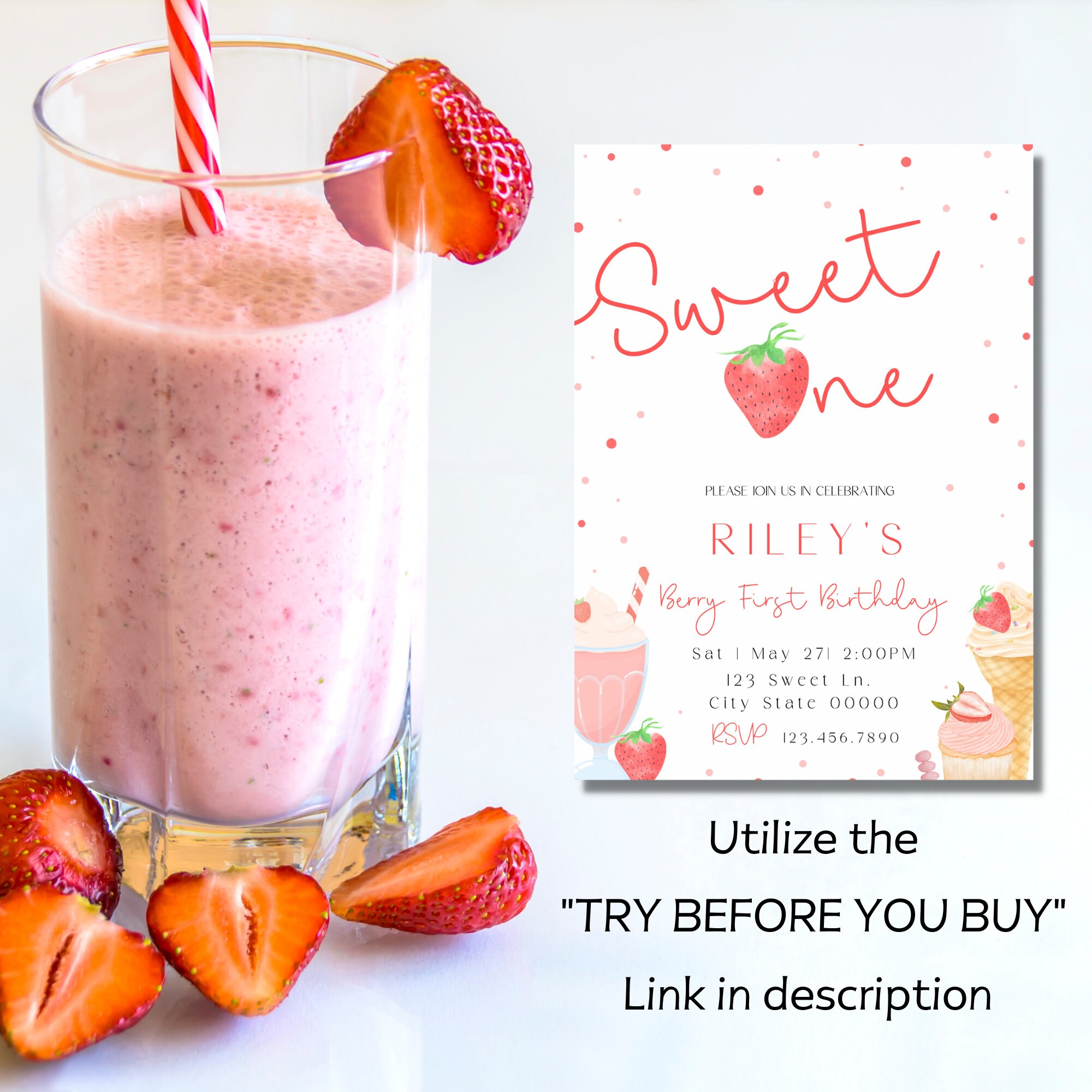 EDITABLE Sweet ONE Birthday Invite, Digital BERRY 1st Birthday ...