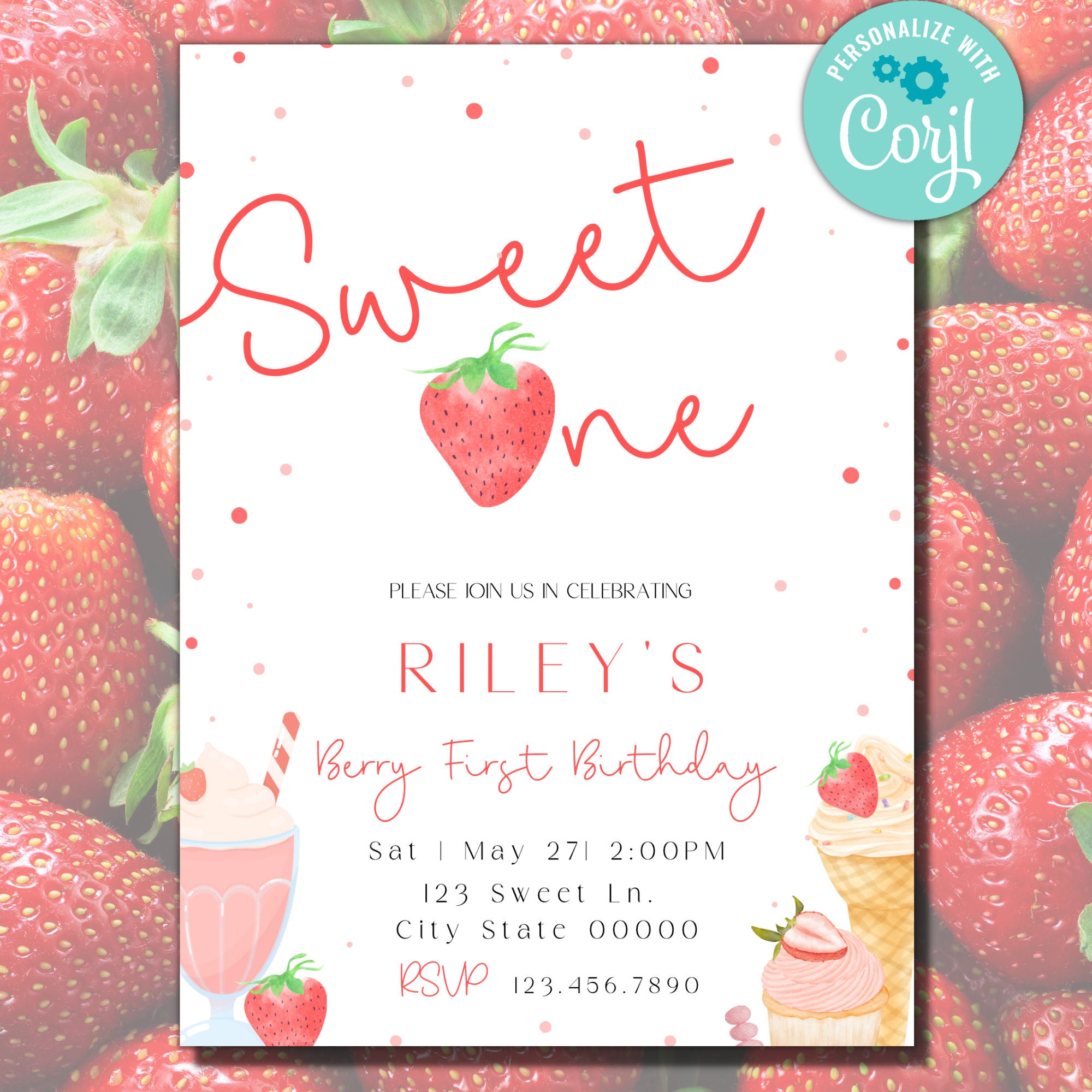 EDITABLE Sweet ONE Birthday Invite, Digital BERRY 1st Birthday ...