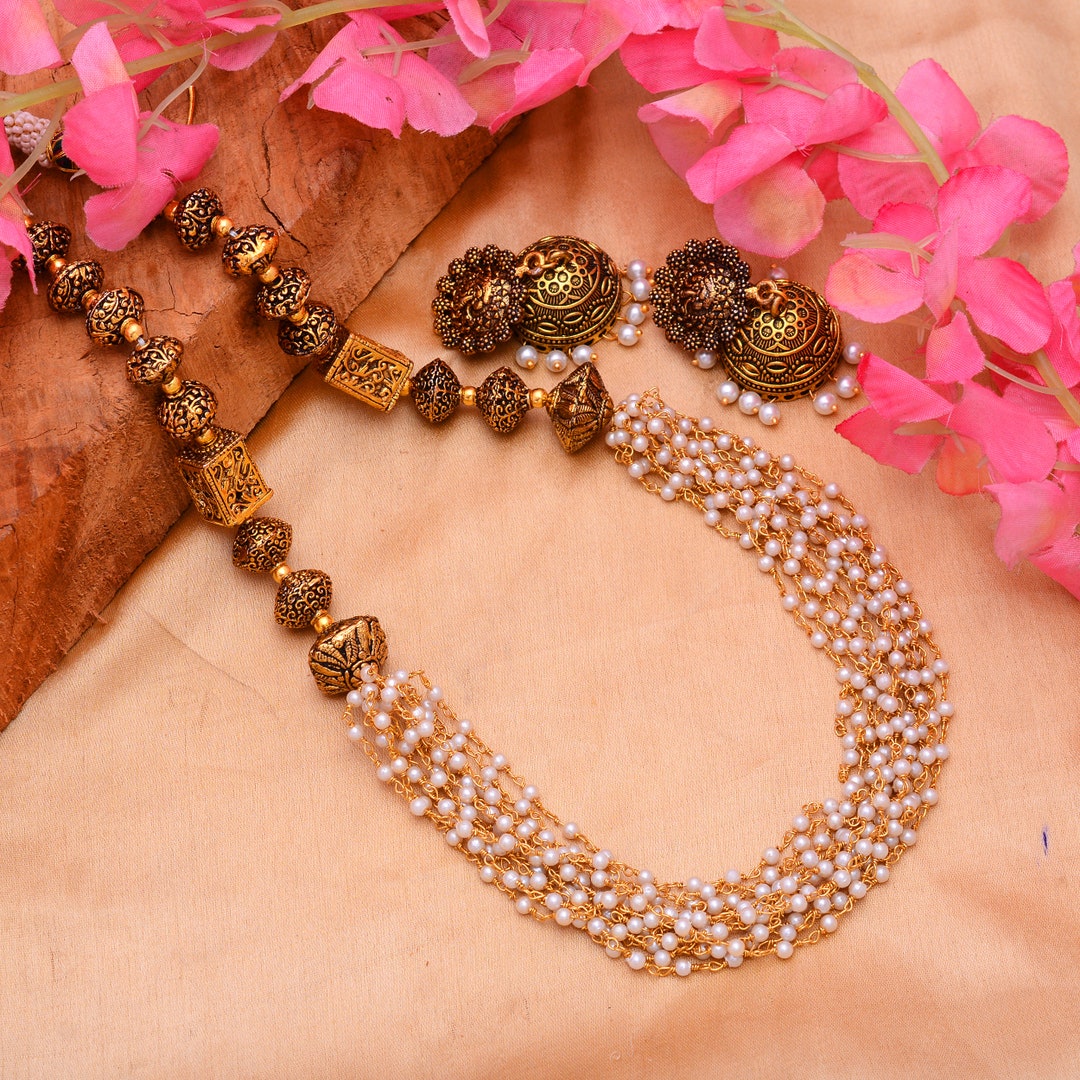 Antique Gold Plated Handmade Jewelry Victorian Ethnic Wear Pearl Long ...