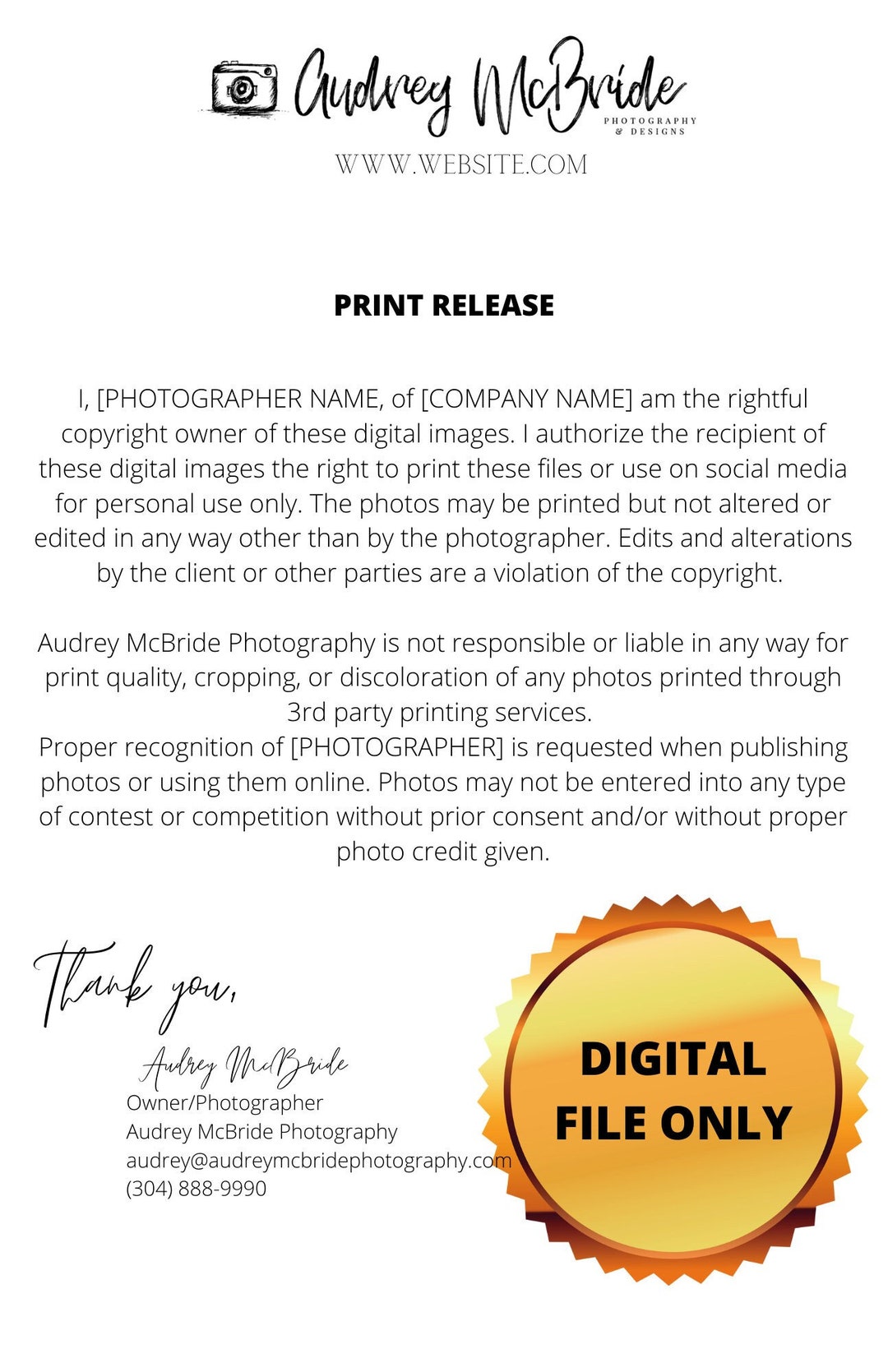 Photographer Photo Print Release TEMPLATE - Etsy