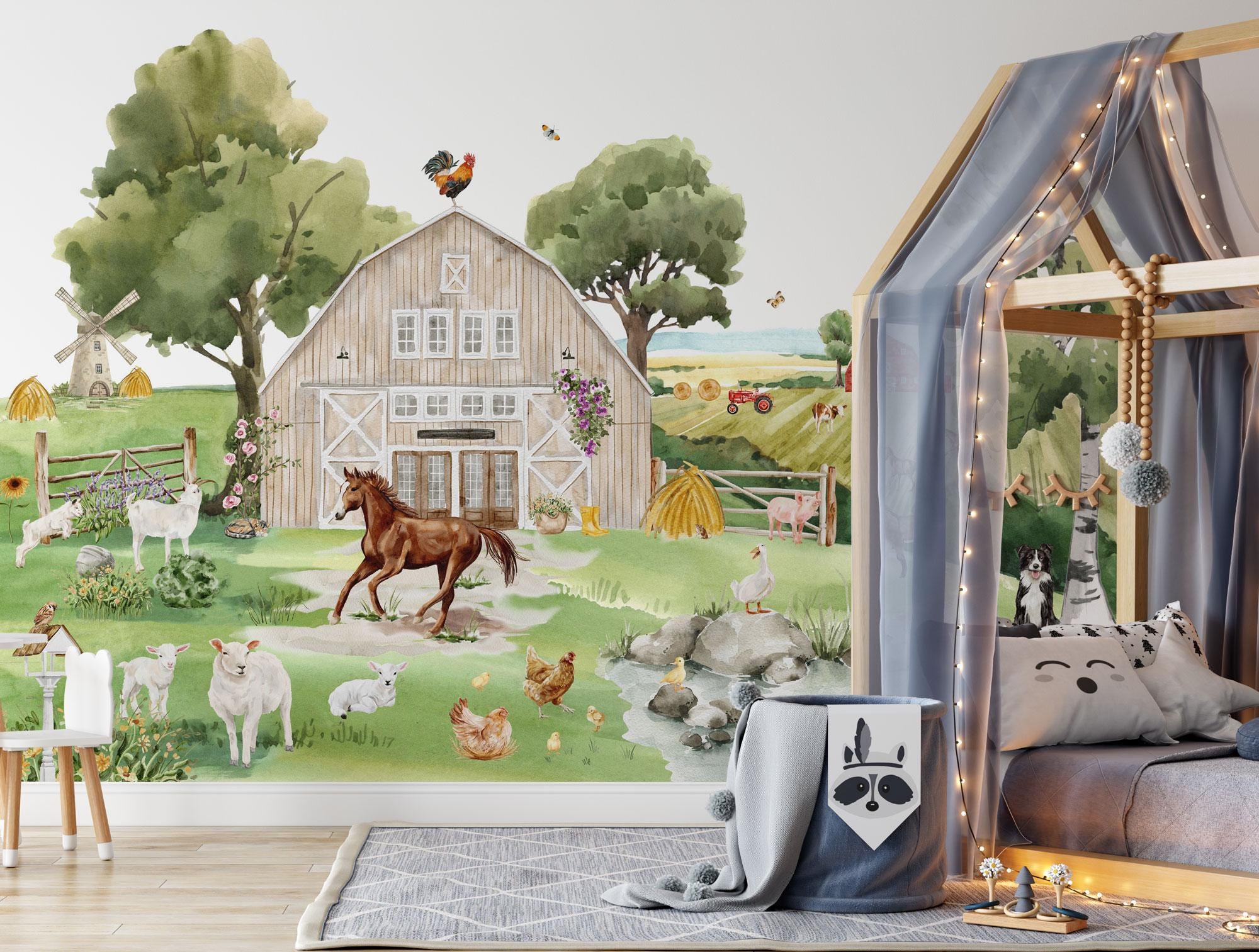 Watercolor Farm Dreamscape Wall Mural | Farm Life Wallpaper ...