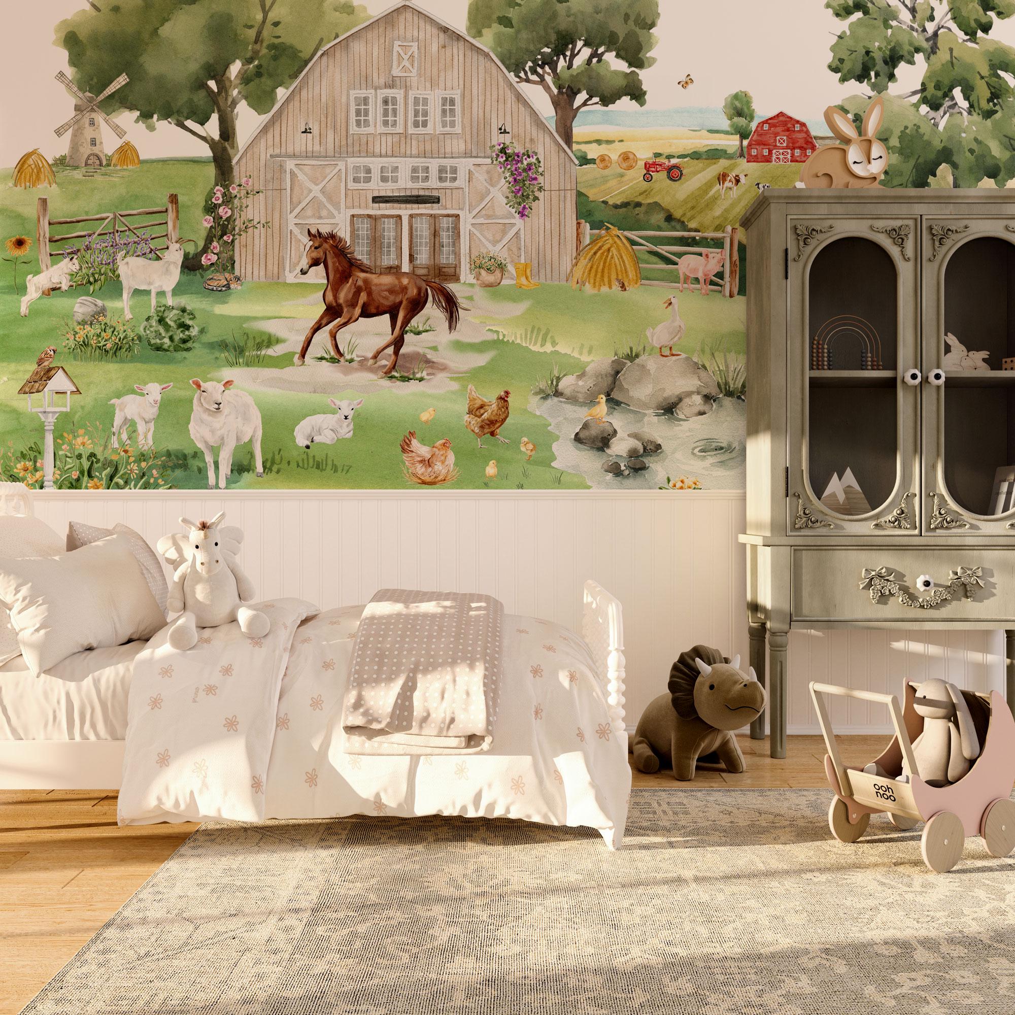 Watercolor Farm Dreamscape Wall Mural | Farm Life Wallpaper ...