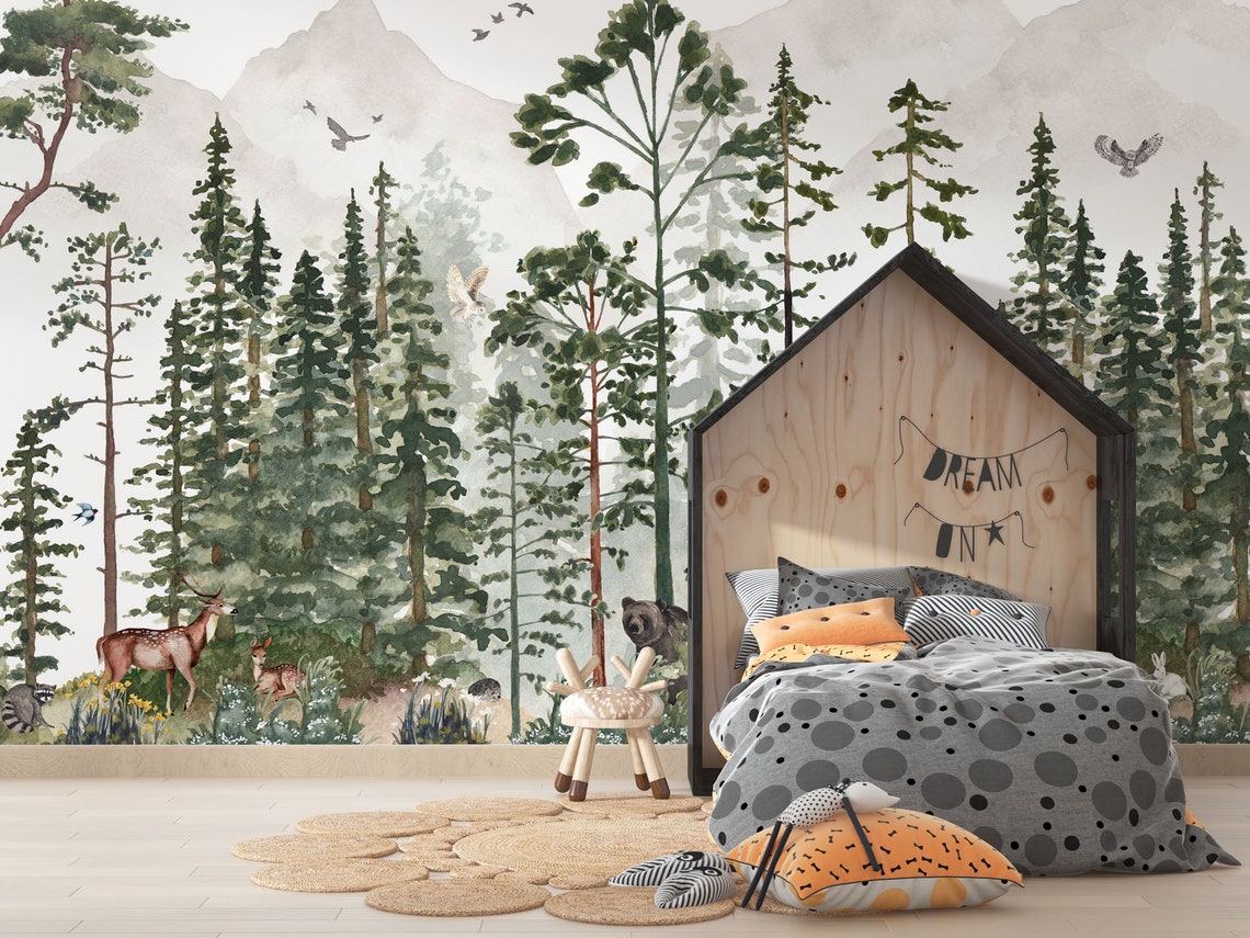 Into the Woodlands Wall Mural Watercolor Forest Wallpaper - Etsy