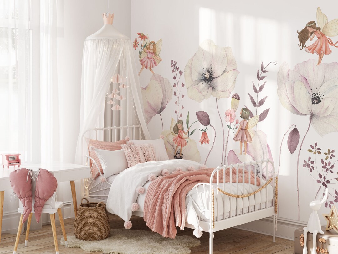 Fairies Garden Wall Mural | Watercolor Flowers and Fairy Wallpaper ...