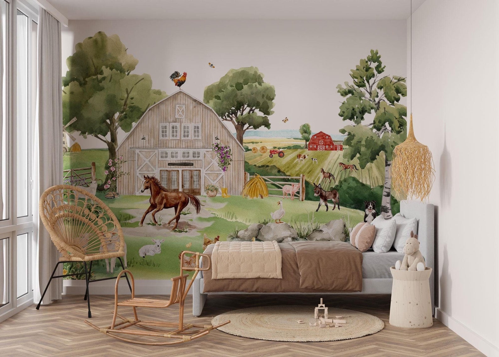 Watercolor Farm Dreamscape Wall Mural | Farm Life Wallpaper ...