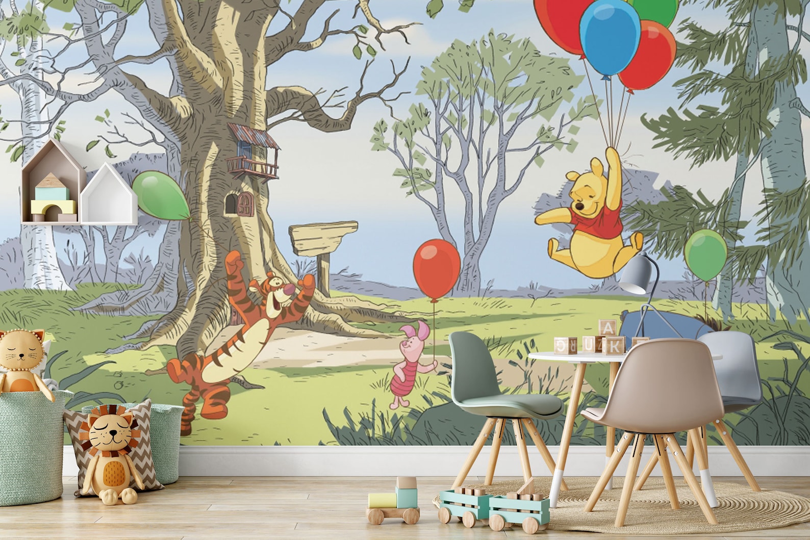Winnie the Pooh Flying With Balloons Wall Mural | Winnie the Pooh and ...