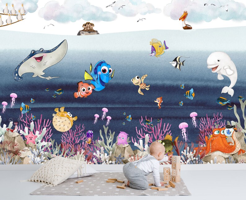 Finding Nemo Wall Mural Nemo and Dory Wall Mural Underwater Wallpaper ...