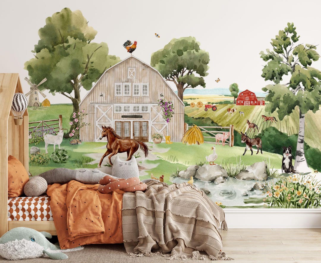 Watercolor Farm Dreamscape Wall Mural | Farm Life Wallpaper ...