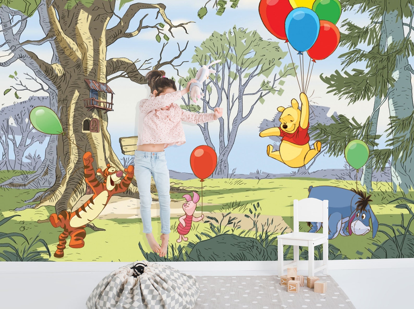 Winnie the Pooh Flying With Balloons Wall Mural | Winnie the Pooh and ...