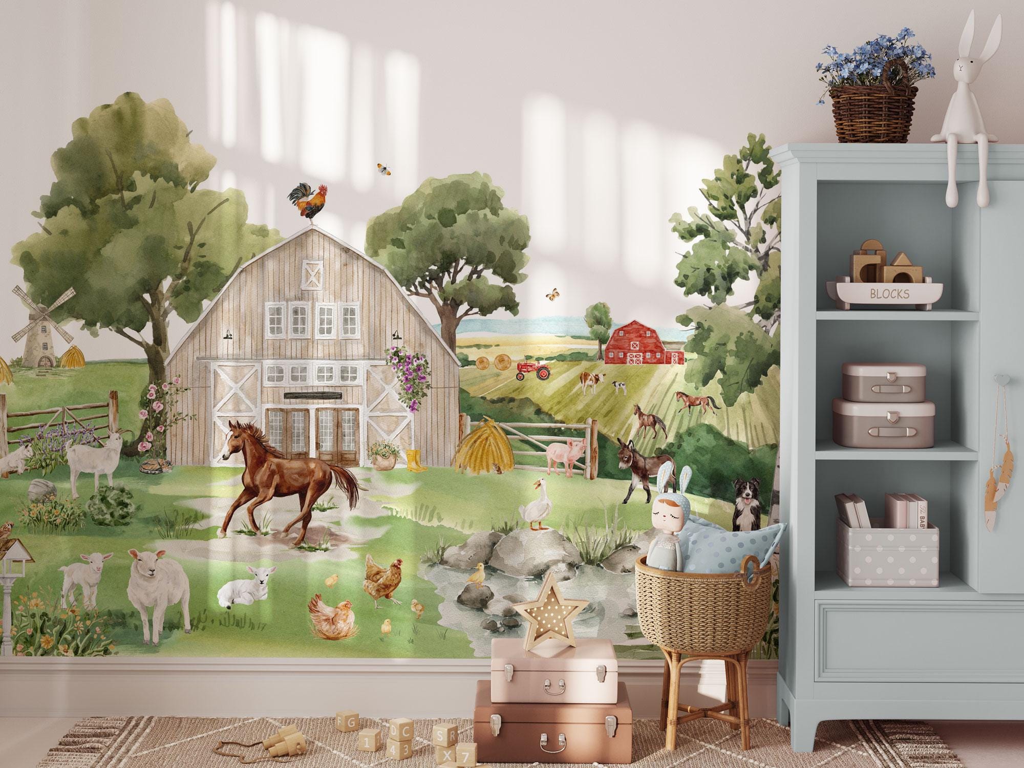 Watercolor Farm Dreamscape Wall Mural | Farm Life Wallpaper ...