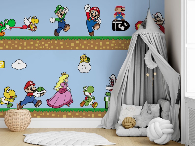 Super Mario Wall Mural Mario Wall Mural Super Mario Wallpaper Nursery ...