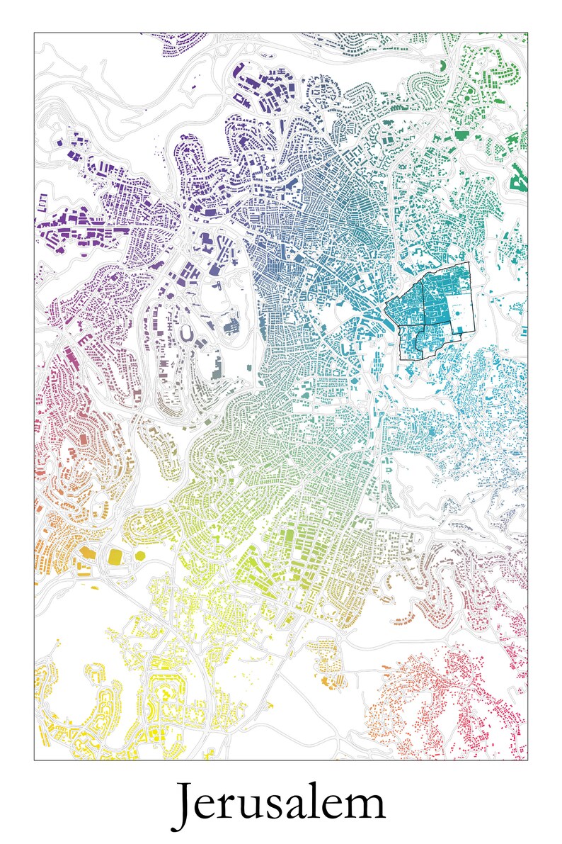 Jerusalem City Colorful Map Poster, Jewish Peace Map Art Poster. - Etsy